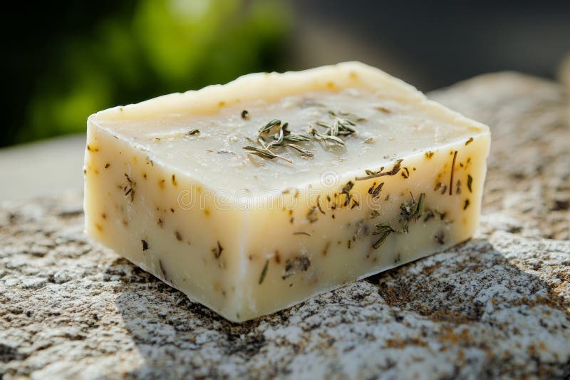 Handmade Soap Featuring Embedded Herbs Rests on a Natural Stone Surface ...