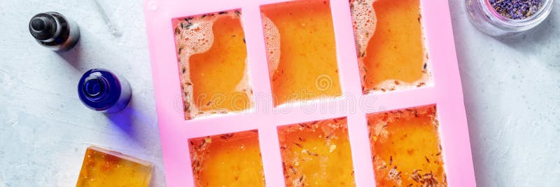 Handmade Soap, the Process of Making, Panoramic Banner. Liquid Glycerin ...