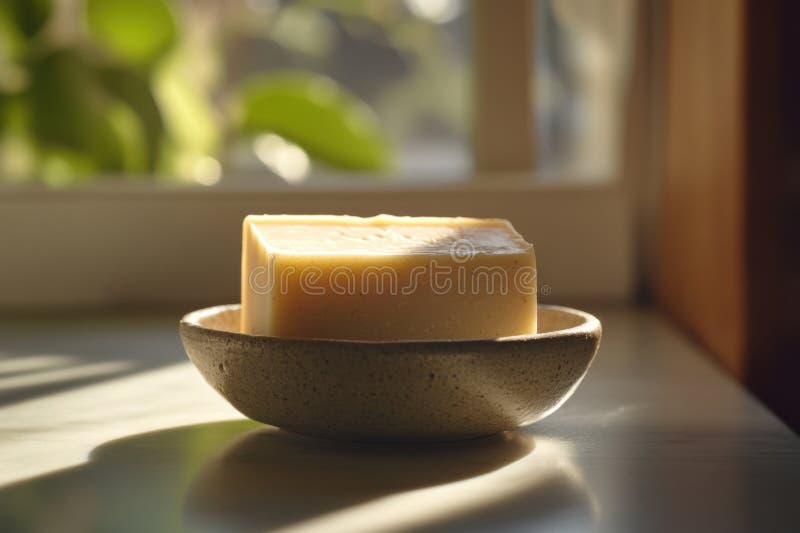 Handmade Soap Resting on a Ceramic Dish with Sunlight Illuminating the ...