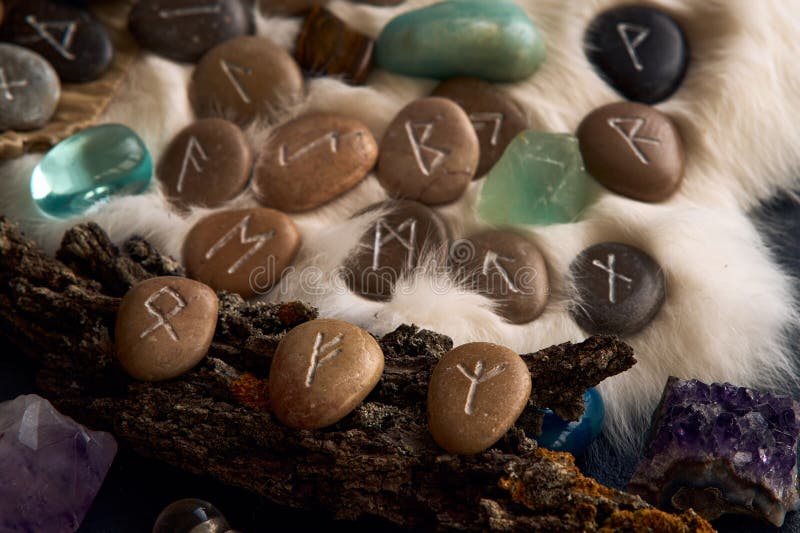 Handmade Stone Runes on White Fur Stock Photo - Image of ancient ...