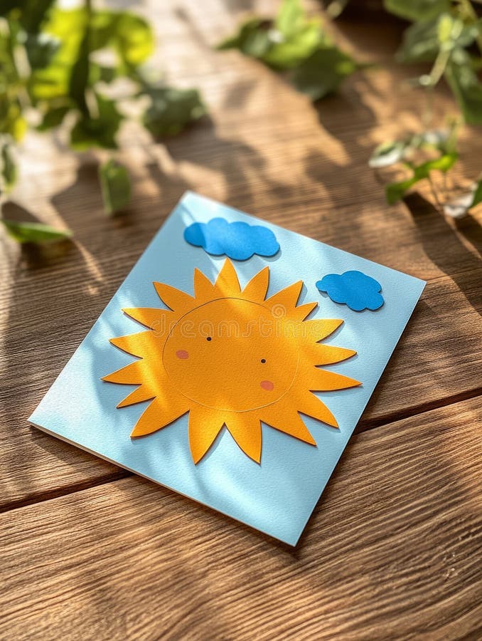 Handmade Sunshine Card with Clouds on Wooden Table. Stock Image - Image ...