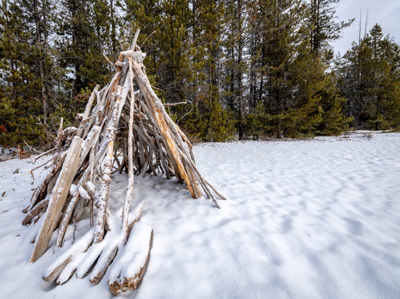 Handmade Tee Pee in Winter with Snow and a Dark Forest Stock Image ...