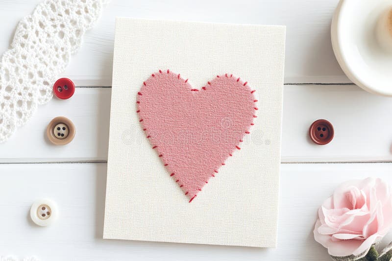 Handmade Valentine Card with Red Fabric Heart and Button Accents Stock ...