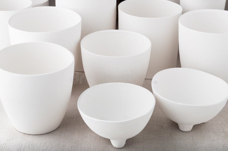 Handmade White Clay Ceramic Cups on Rag Linen Background Stock Image ...