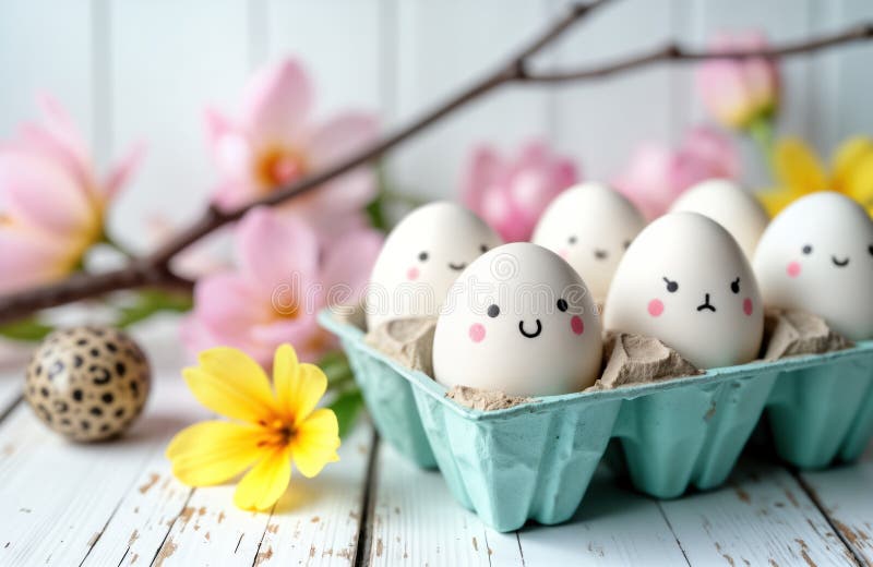 Handmade White Easter Eggs with Cute Faces in Pastel Blue Egg Carton ...