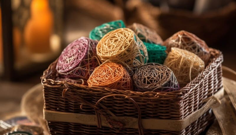 Handmade Wicker Basket Woven with Multi Colored Wool and Thread Pattern ...