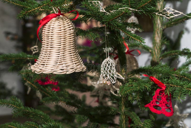 Handmade Wicker Bells on the Christmas Tree. Stock Photo - Image of ...