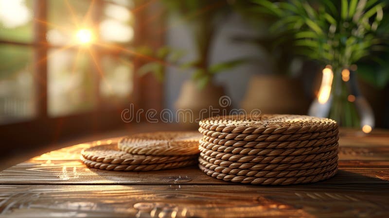 Handmade Wicker Coasters Stacked on Wooden Table in Sunlit Room Stock ...
