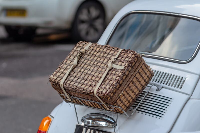 Handmade Wicker Picnic Basket Over White Car Boot Stock Image - Image ...