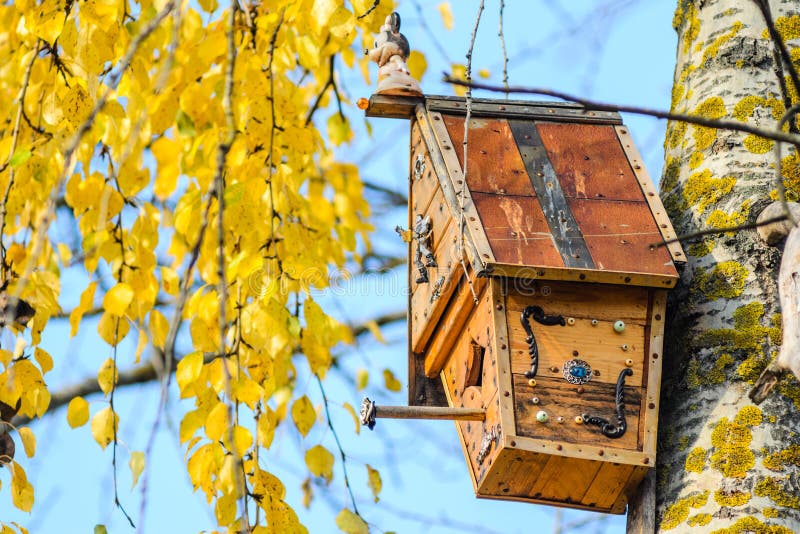 Handmade Wooden Birdhouse in the Trees Stock Photo - Image of nature ...