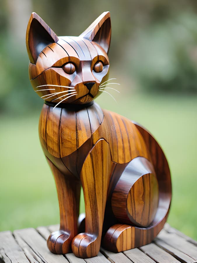 Handmade Wooden Cat in the Garden, Close Up View Stock Illustration ...