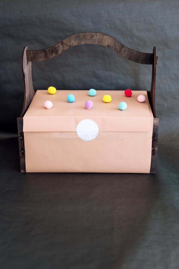 Handmade Wooden Gift Box. Wooden Basket with Presents. Copyspace for ...