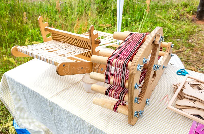 Handmade Wooden Loom with Red and White Wools Outdoors Stock Image ...