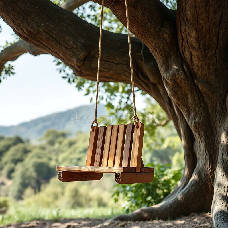 A Handmade Wooden Swing Hanging from an Ancient Tree Stock Illustration ...