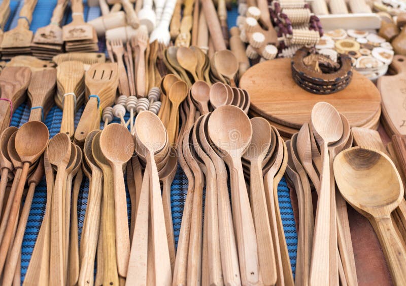 Handmade wooden utensils stock image. Image of market - 71395565