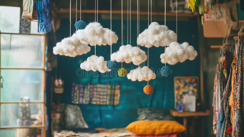 Handmade Wool Cloud Mobile Hanging in a Room Stock Image - Image of ...