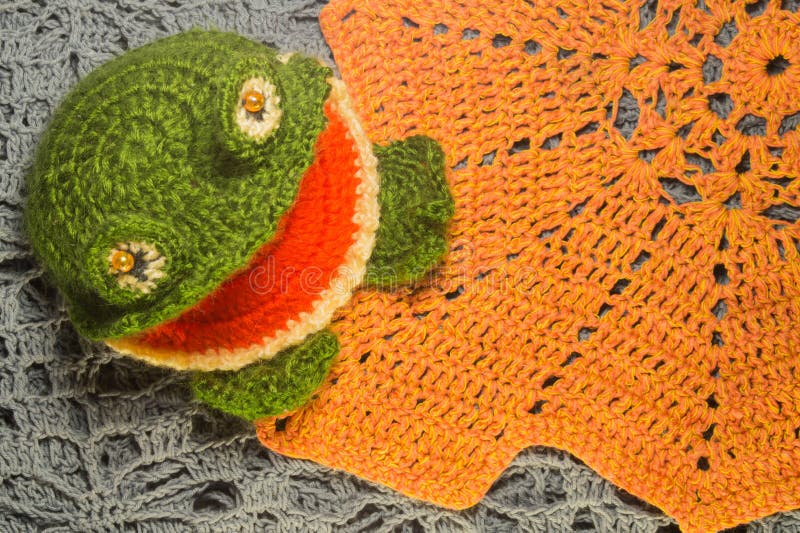 Handmade Wool Toy Frog on the Blanket Texture Background Stock Image ...