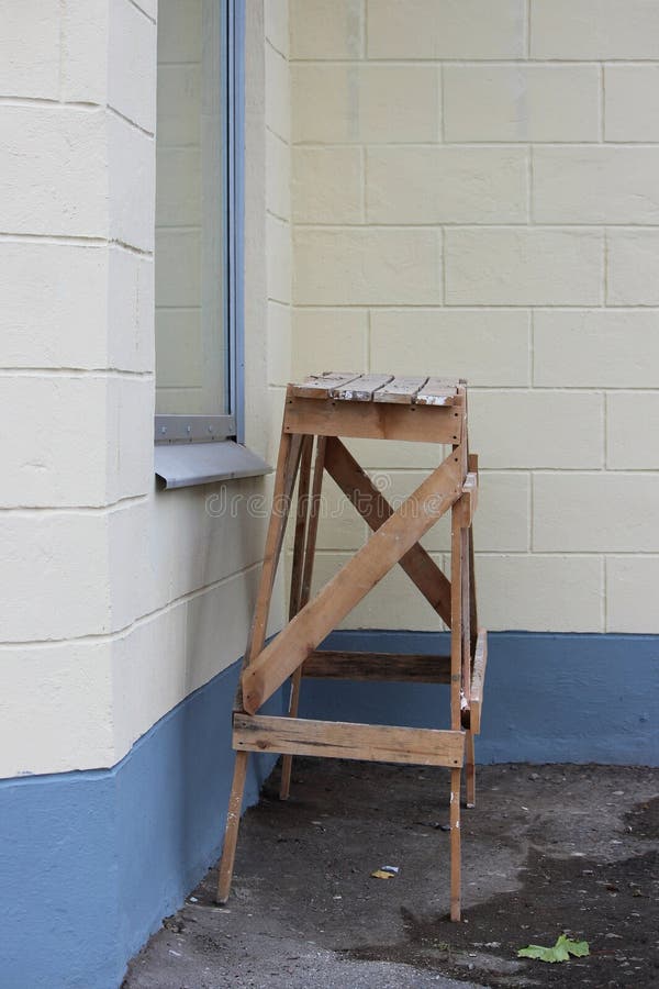 Handmade Work Bench on a Construction Site Against a Beige and Blue ...