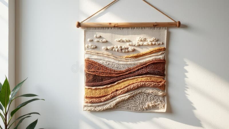 Handmade Woven Wall Hanging with Natural Tones and Abstract Landscape ...