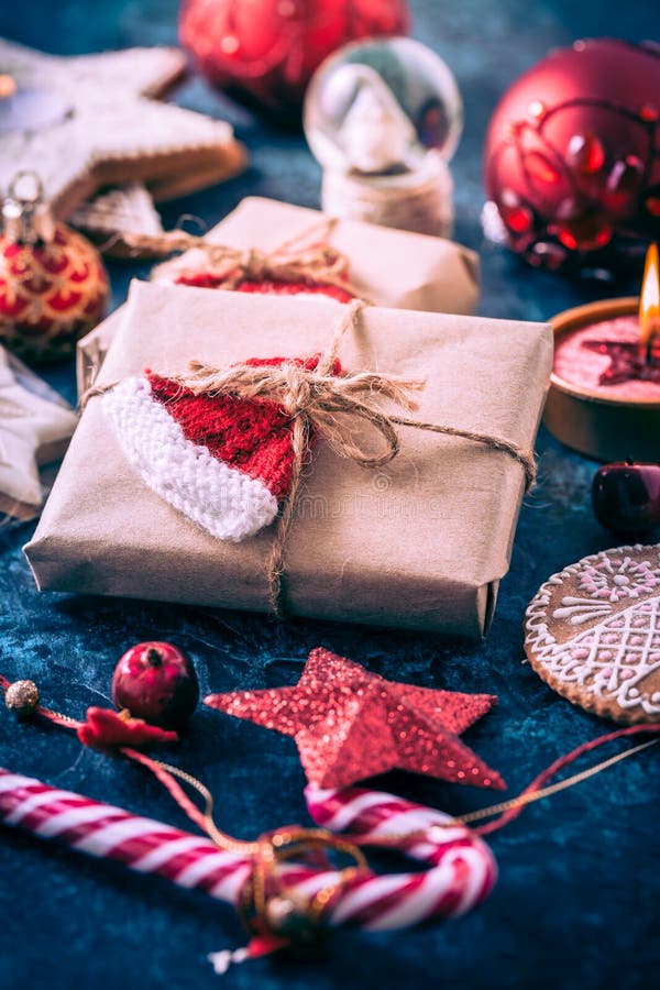 Handmade Wrapped Christmas Gift Boxes with Decorations Stock Photo ...