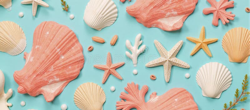 Handpainted Seashell Coral and Starfish Pattern with Soft Pastel Tones ...