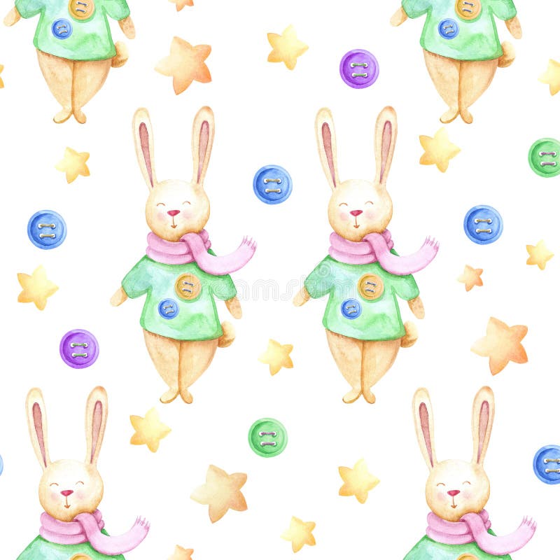Handpainted Watercolour Seamless Pattern, Rabbit Stars and Buttons ...