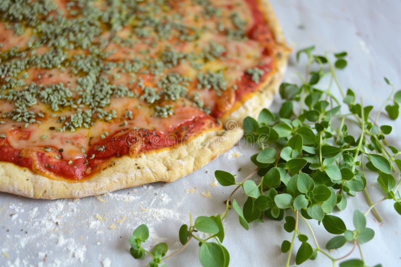 Handpicked Fresh Oregano beside a Premade Pizza Base Stock Image ...