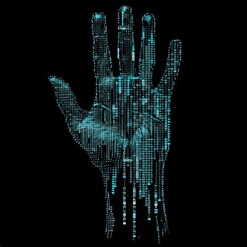 Handprint with Blue White Matrix Code Symbols on Black Background ...