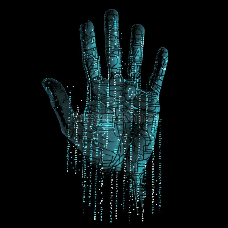 Handprint with Blue White Matrix Code Symbols on Black Background ...