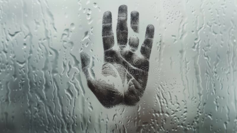Handprint on a Misty Window with Raindrops Stock Image - Image of glass ...