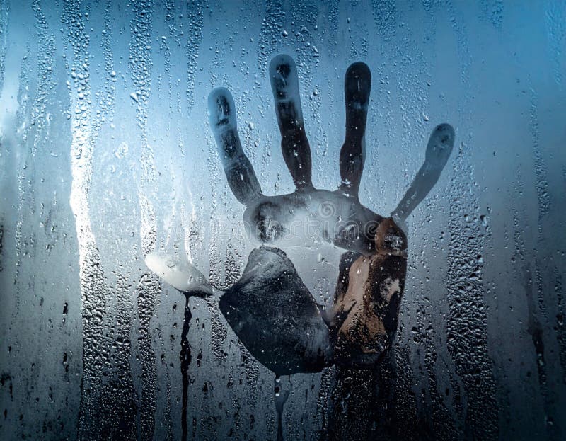 Handprint on Steamy Glass with Water Drops in Blue and White Light ...