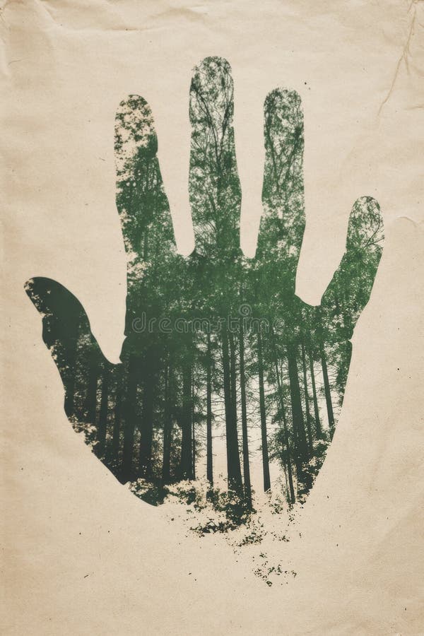 Handprint with Tree Silhouette in Double Exposure Stock Illustration ...