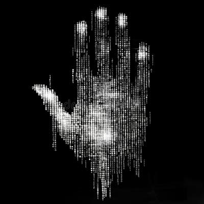 Handprint with White Matrix Code Symbols on Black Background. Matrix ...