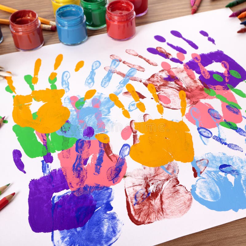 Children Handprints and Art Equipment, Art and Craft Class, School Desk ...