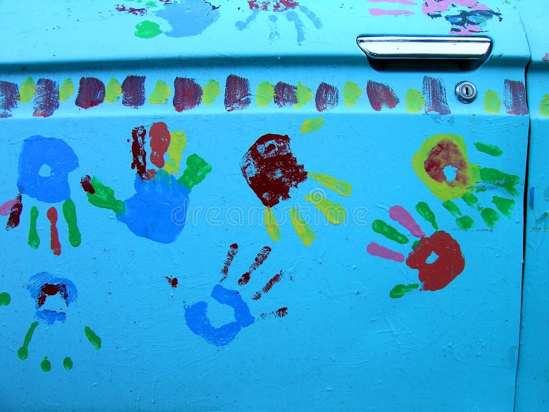 Handprints Closeup on Car Door Stock Image - Image of color, automobile ...