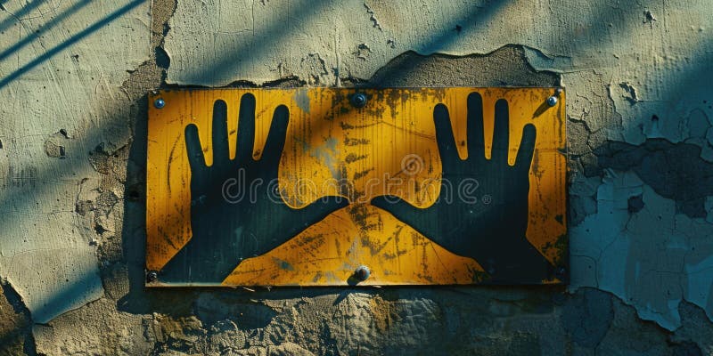 Handprints on Yellow Sign stock photo. Image of local - 372360436