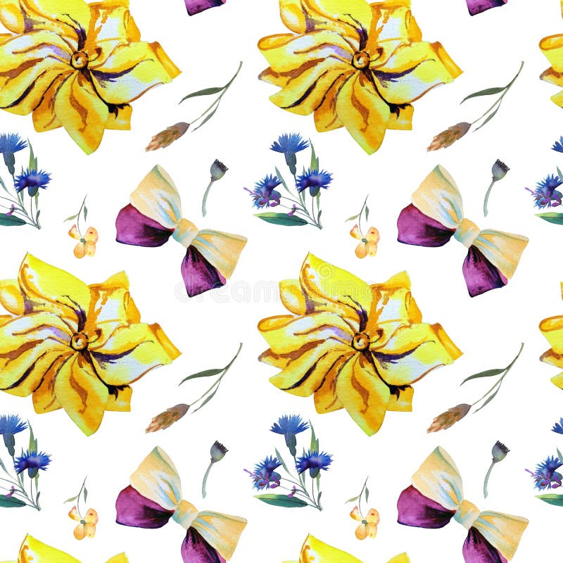 Handrawn Watercolor Illustration. Seamless Pattern with Beautiful Blue ...