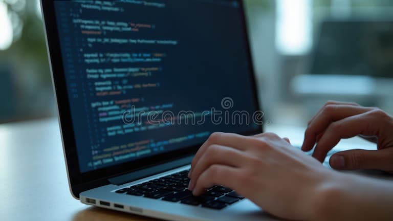 Hands are Actively Typing on a Laptop while Programming Code Appears on the Screen, Showcasing a ...