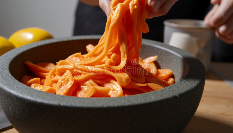 Hands Adding Bright Orange Dessert Strands To Gray Bowl Stock ...