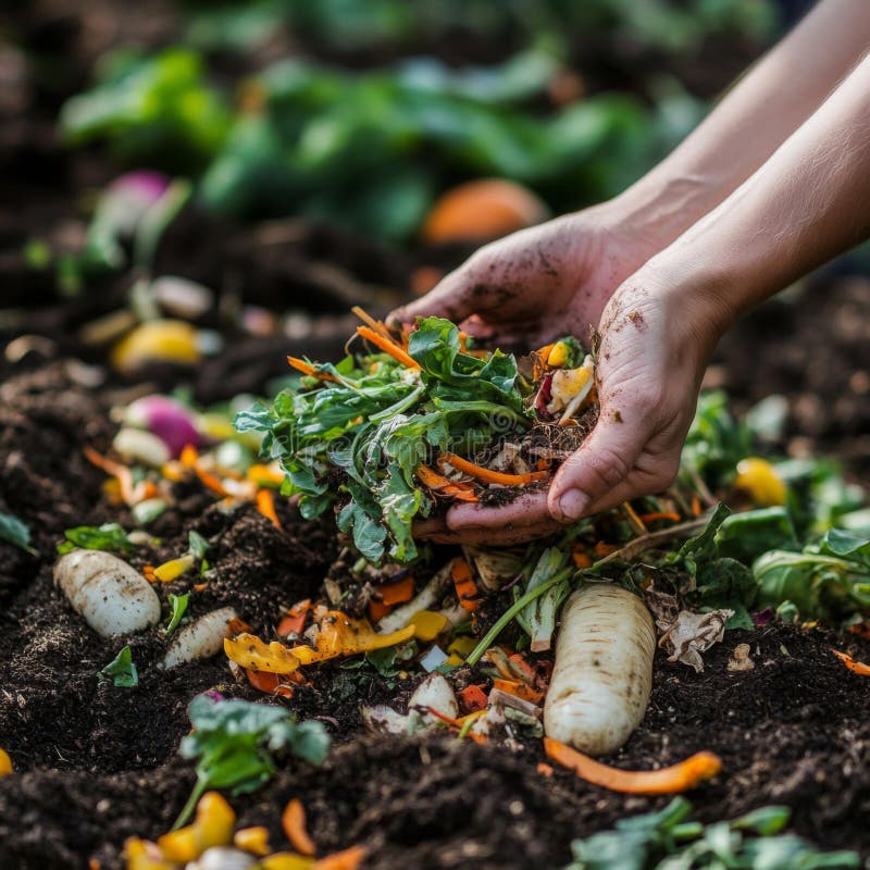 Hands Adding Compost To Soil with Vegetable Scraps Stock Illustration ...