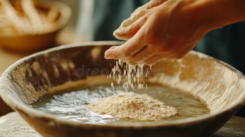 Hands Adding Flour To Water in a Wooden Bowl Stock Illustration ...