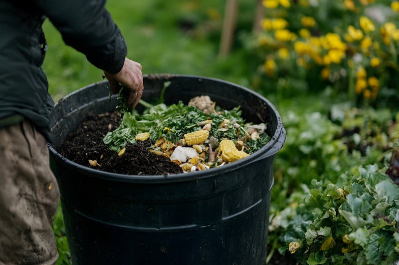 Hands Adding Fresh Vegetable Scraps To a Compost Bin in an Eco-Friendly ...