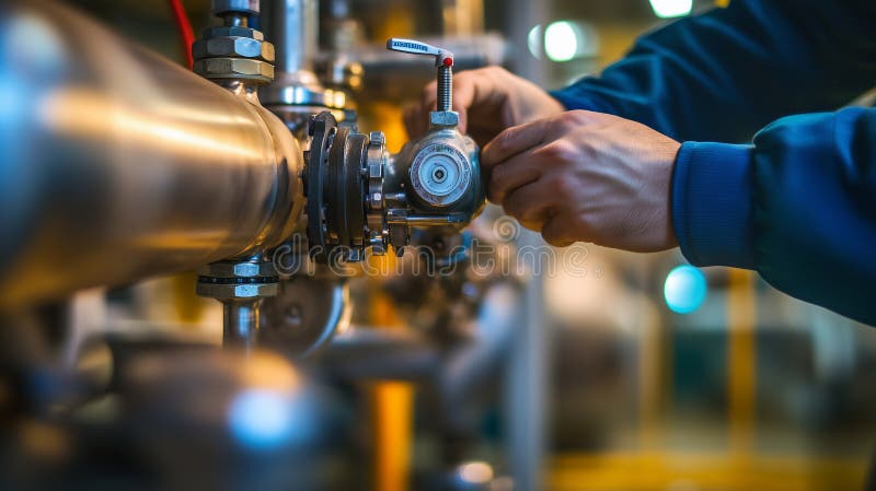 Hands Adjust a Valve on a Large Industrial Pipe, Part of a Complex ...