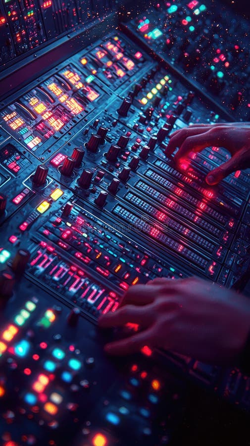 Hands Adjusting Audio Control Panel with Colorful Led Lights in a ...