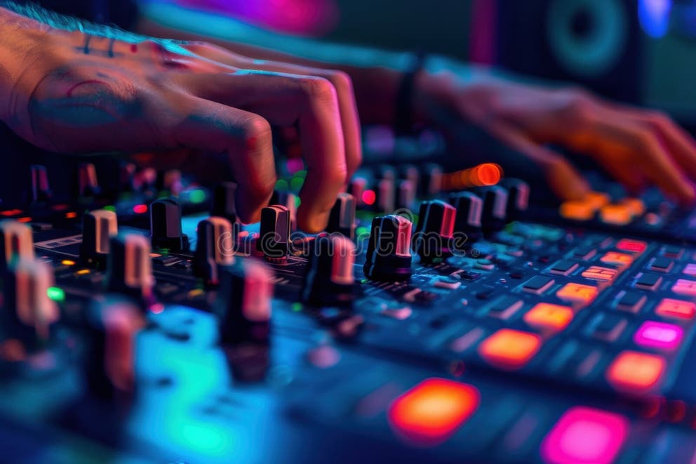Hands Adjusting Audio Equalizer on Mixing Console in Vibrant Studio Lighting Stock Photo - Image ...