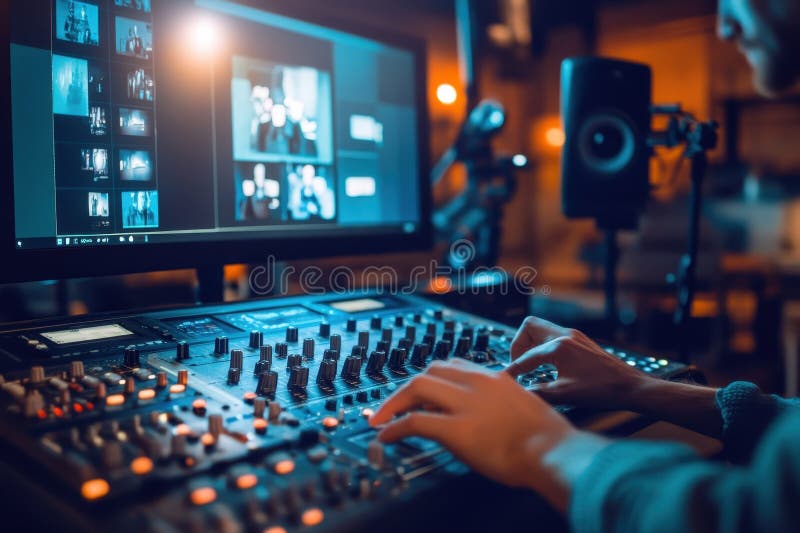 Hands Adjusting Audio Mixer in a Studio Environment with Visual Content ...