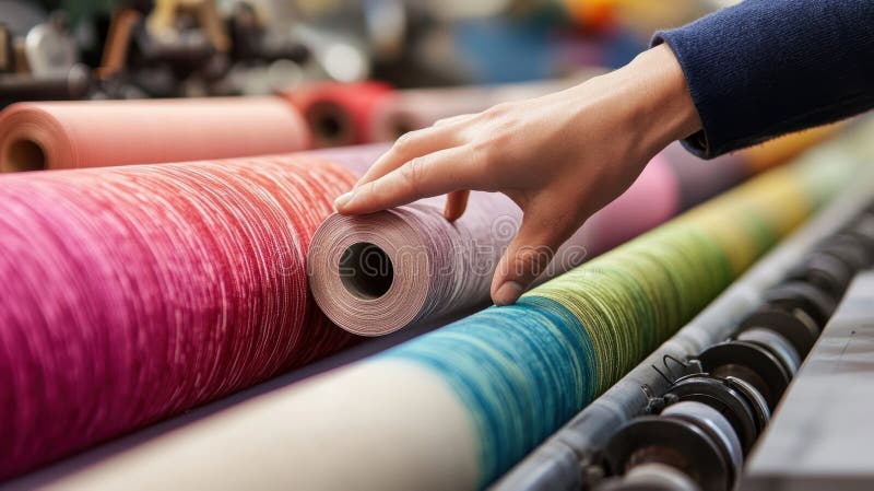 Hands Adjusting Settings on Machinery with a Backdrop of Large Rolls of ...