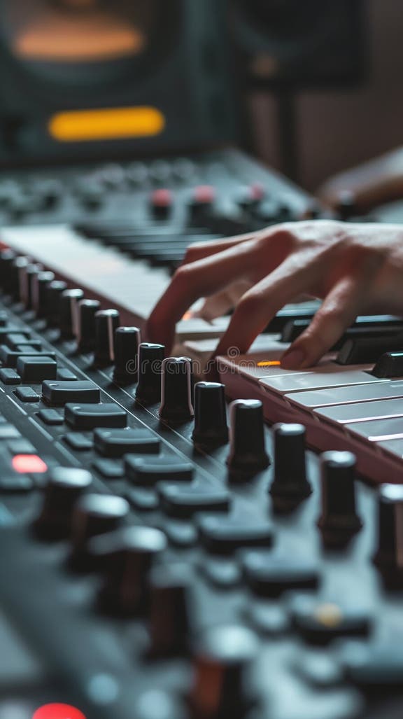 Hands Adjusting Synthesizer Music Studio Focus Control Knobs Keyboard ...