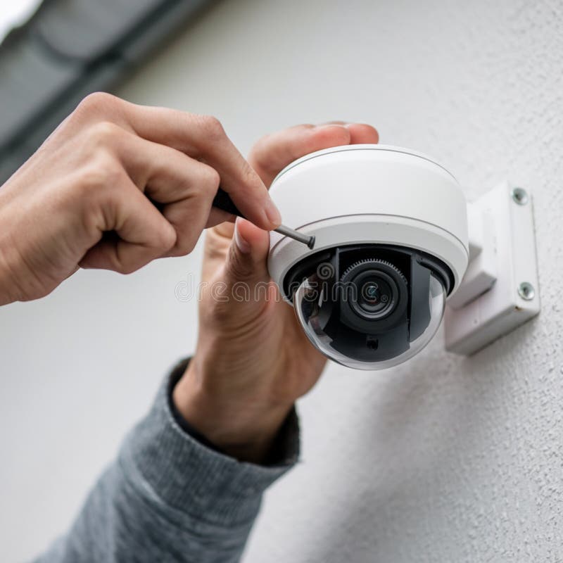 Hands Adjusting White Security Camera on Wall with Tool, Securing ...