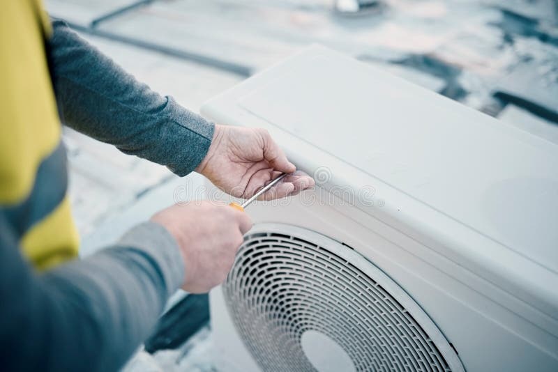 Hands, Air Conditioner and Maintenance with a Man Construction Worker ...